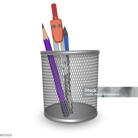 현실적인 간단한 연필 펜 및 그리기 나침반 사무실 흰색 배경 벡터 일러스트 레이 션에 바구니에 문구 연필에 대한 스톡 벡터 아트 및 기타 이미지 Istock