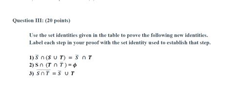 solved use the set identities given in the table to prove