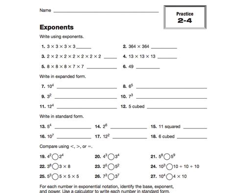 Patterns In Numbers Using Exponents Printable 5th 6th Grade