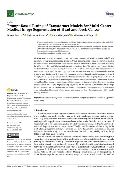 Pdf Prompt Based Tuning Of Transformer Models For Multi Center Medical Image Segmentation Of