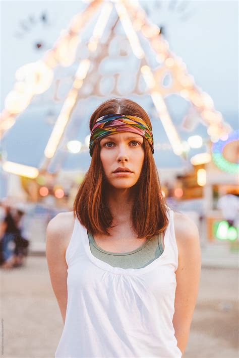 Portrait Of A Redhead Woman At Amusement Park By Stocksy Contributor Alexandra Bergam Stocksy