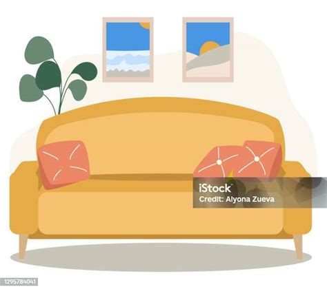 소파와 베개 화분에 심은 식물과 벽에 그림 벡터 인테리어 디자인 0명에 대한 스톡 벡터 아트 및 기타 이미지 0명 가구 가정 생활 Istock