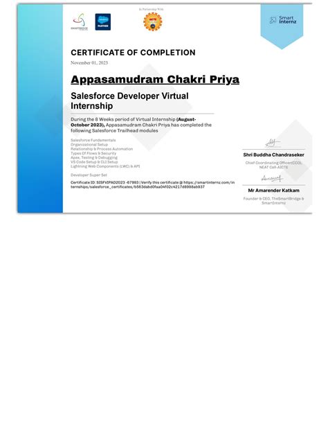Chakri Priya A On Linkedin Salesforcedevelopers Salesforce Smartbridge Certificate
