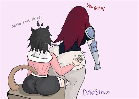 Rule 34 Black Hair Butt Slap Cat Tail Dialogue Dinostrate Large Butt Multiple Girls Red Hair