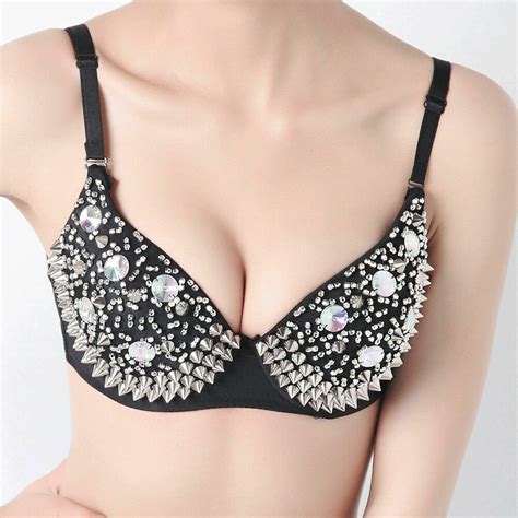 Womens Party Nightclub Seamless Punk Lady Goth Silver Studded Bra Luxurena Leather