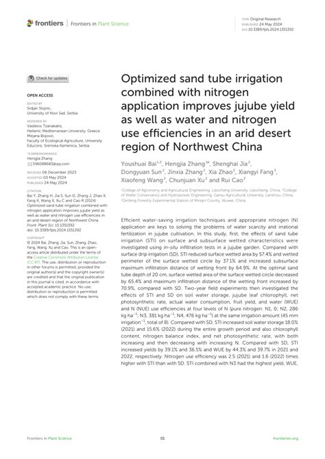 Pdf Optimized Sand Tube Irrigation Combined With Nitrogen Application Improves Jujube Yield As