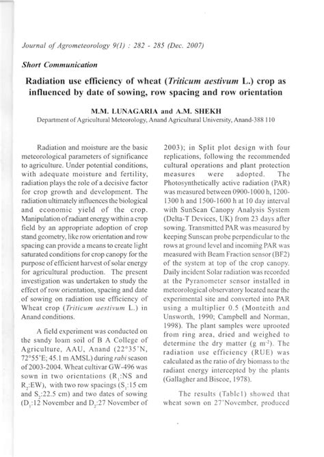 Pdf Radiation Use Efficiency Of Wheat Triticum Aestivum L Crop As Influenced By Data Of