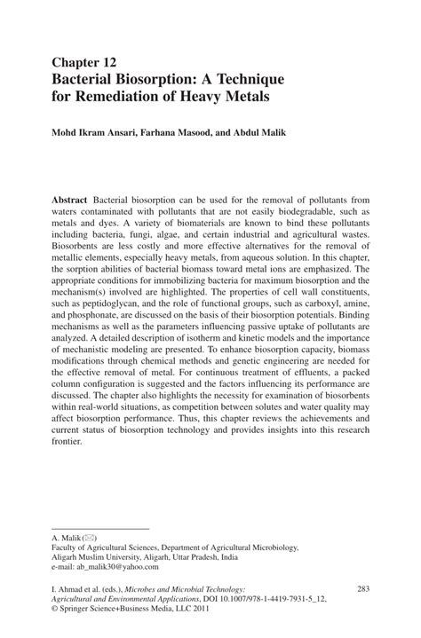 Pdf Bacterial Biosorption A Technique For Remediation Of Heavy Metals