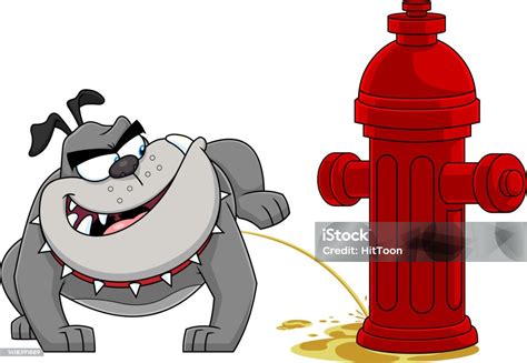 회색 불독 만화 마스코트 캐릭터가 소화전에서 오줌 누기 가리키기에 대한 스톡 벡터 아트 및 기타 이미지 가리키기 가축 개 Istock
