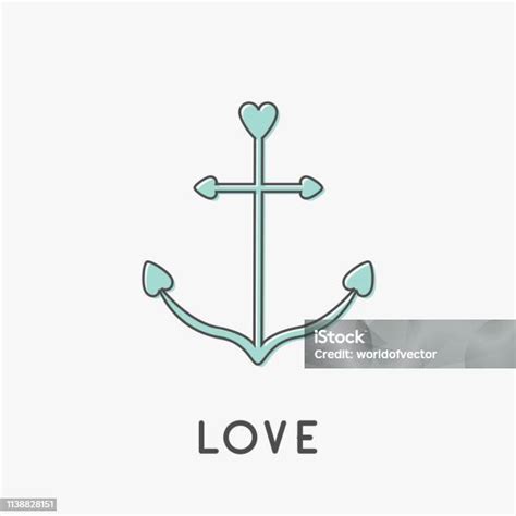 닻은 마음의 모양에 얇은 선 아이콘 해상 표지판 기호입니다 블루 색상입니다 사랑 Greeteng 카드 고립 된 흰색 배경입니다 평면 디자인 귀여운에 대한 스톡 벡터 아트 및