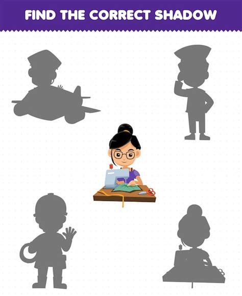 어린이를 위한 교육 게임은 귀여운 만화 직업 재단사 인쇄용 워크시트의 올바른 그림자 세트를 찾습니다 프리미엄 벡터