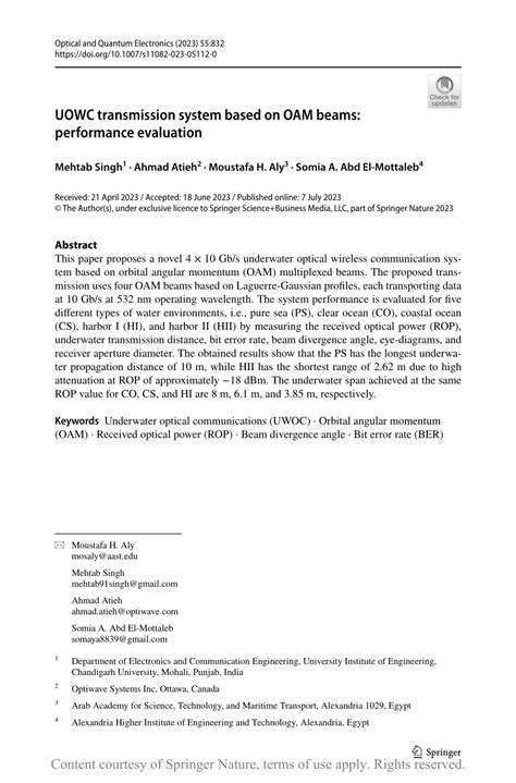 Uowc Transmission System Based On Oam Beams Performance Evaluation Request Pdf