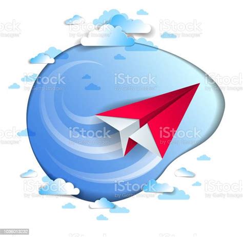 아름 다운 흐린 하늘 아름 다운 Cloudscape 벡터 일러스트 레이 션 항공사 항공 항공 여행 테마에 종이 접기 접는 장난감 비행기에에서 비행 하는 종이 비행기 3차원