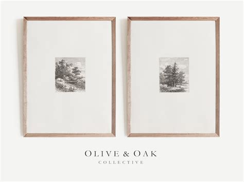 Set Of Two Tree Etchings Vintage Tree Drawings Set Of Wall Art Minimalist Decor