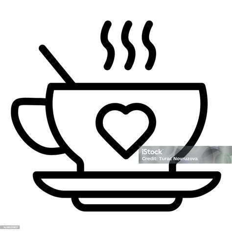 뜨거운 음료 컵과 하트 라인 아이콘입니다 접시 기호에 사랑 모양이 있는 머그잔 흰색 배경에 윤곽선 스타일 픽토그램 커피 또는