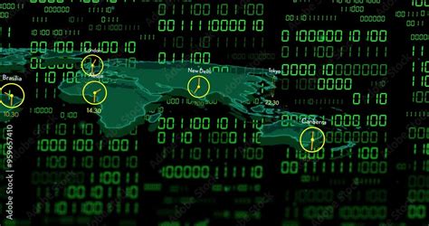world map with clocks showing different time zones over binary code