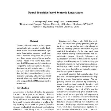 Neural Transition Based Syntactic Linearization Acl Anthology