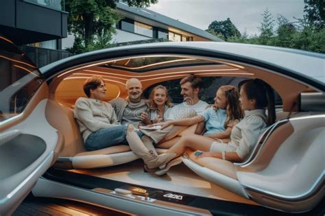 Group Of Friends Sharing A Ride In An Autonomous Vehicle Showcasing The Social Aspect Of Modern