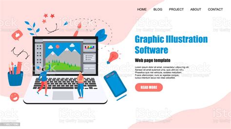 웹 페이지 템플릿입니다 창조적 인 프로젝트와 오픈 일러스트 레이션 응용 프로그램과 평면 벡터 그래픽 그리기 개념 개념에 대한