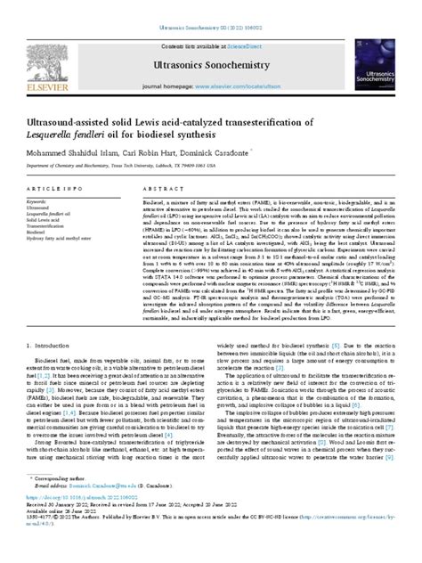 Ultrasound Assisted Solid Lewis Acid Catalyzed Transesterification Of