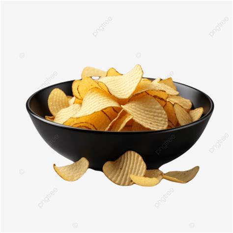 클리핑 패스를 사용하여 흰색 배경에 격리된 검은 그릇에 감자 칩 고립된 검은 그릇에 감자칩 클리핑 패스가 있는 흰색 배경에 음식 Png 일러스트 및 이미지 에 대한