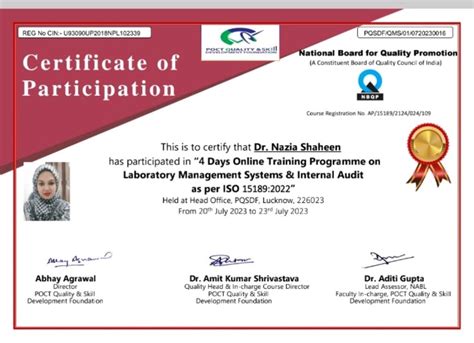 My Internal Auditor Certificate Dr Nazia Shaheen