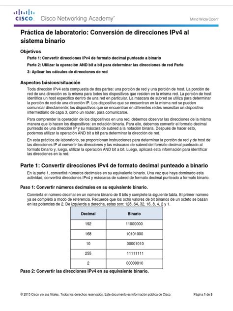 7 1 2 9 lab converting ipv4 addresses to binary pdf dirección ip