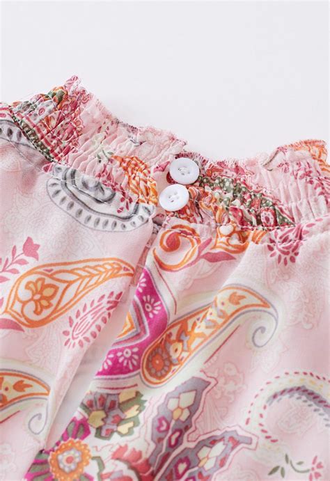 Paisley Printed Belted Tiered Chiffon Dress In Pink Retro Indie And