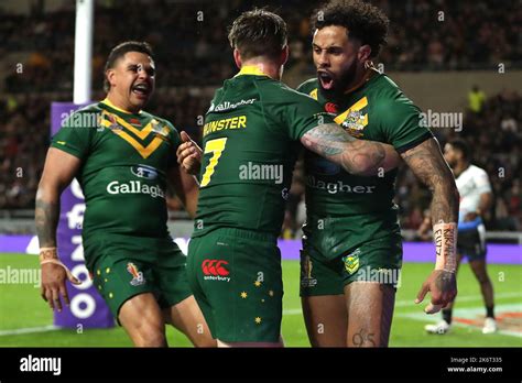 Australias Josh Addo Carr Right Celebrates Scoring His Sides Second Try Of The Game With