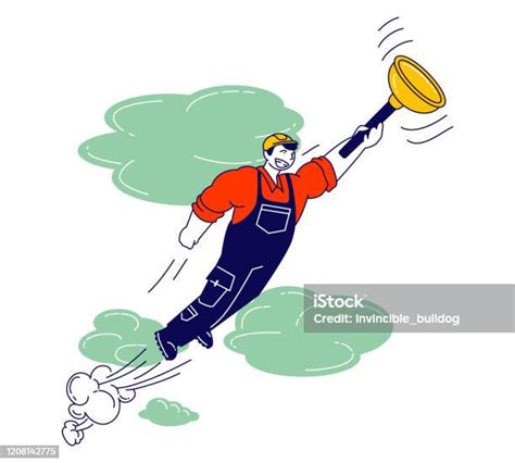 ช่างซ่อมสวมหมวกกันน็อกและชุดทํางานถือลูกสูบขนาดใหญ่ในมือบินเหมือนซูเปอร์ฮีโร่ในท้องฟ้ ภาพประกอบ