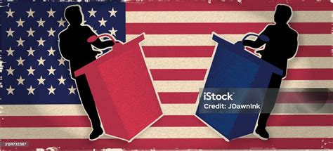 연단에 있는 후보자와 미국 국기 디자인 요소와 함께하는 추상적인 대통령 토론 개념 Presidential Debate에 대한 스톡 벡터 아트 및 기타 이미지