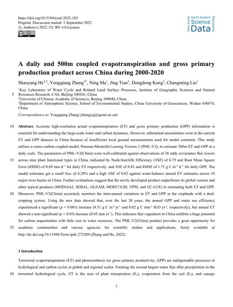 Pdf A Daily And 500 M Coupled Evapotranspiration And Gross Primary