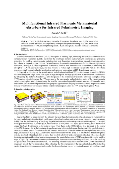 Pdf Multifunctional Infrared Plasmonic Metamaterial Absorbers For Infrared Polarimetric Imaging