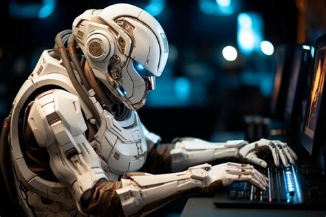 Premium Ai Image Humanoid Robot Working On Computer In Dark Room With Lightsgenerative Ai