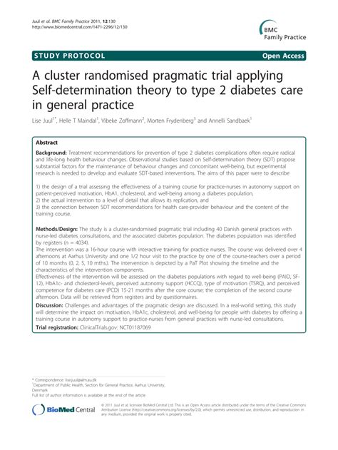 Pdf A Cluster Randomised Pragmatic Trial Applying Self Determination Theory To Type 2 Diabetes