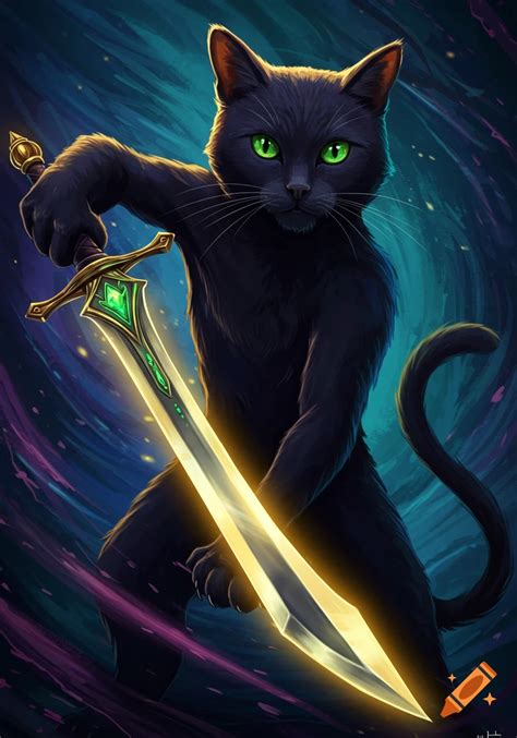 A Black Cat Stands Holding A Glowing Sword In A Fantasy Illustration