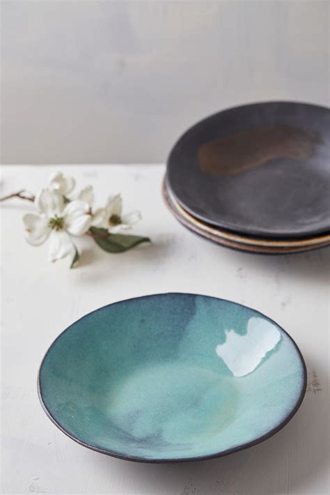 Set Of Two Turquoise Black Handmade Ceramic Pasta Bowls Large Rustic