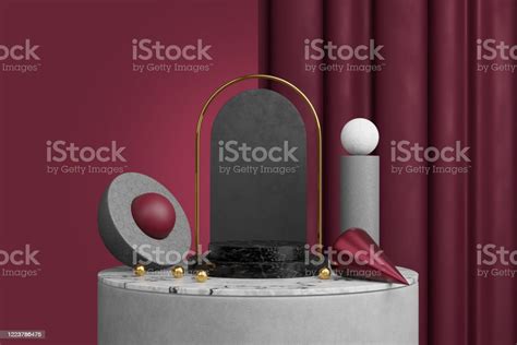 3d 렌더링 추상 쇼케이스 광고 제품 검은 대리석 아치와 골드 스트로크와 공의 간단한 모양 실린더 빨간 커튼의 배경에 원뿔 복사