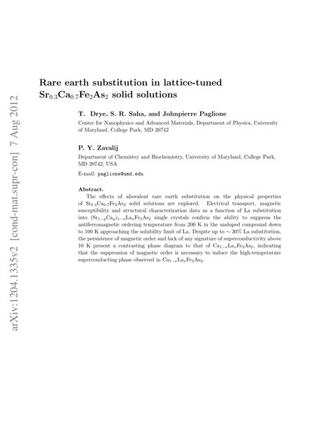 Pdf Rare Earth Substitution In Lattice Tuned Sr03ca07fe2as2 Solid