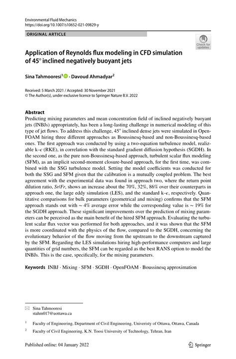 Pdf Application Of Reynolds Flux Modeling In Cfd Simulation Of 45∘ Inclined Negatively Buoyant
