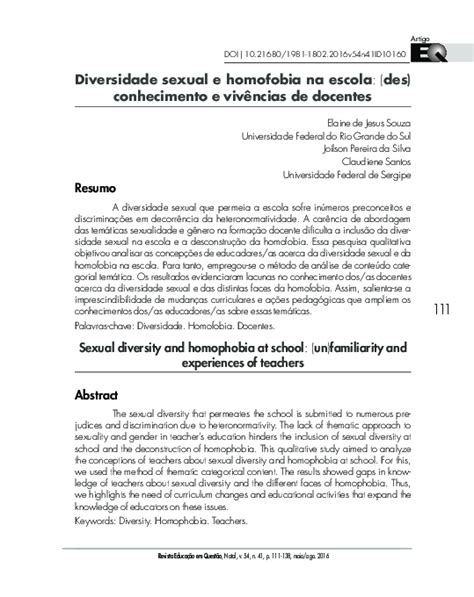 Pdf Diversidade Sexual E Homofobia Na Escola Desconhecimento E