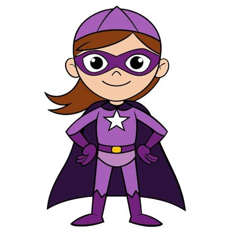 바탕에 보라색 의상을 입은 만화 소녀 슈퍼히어로 캐릭터 프리미엄 벡터
