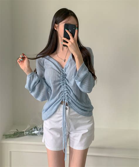 마농드제이 ~88까지사이즈있음 꾸안꾸 브이넥 커버업 시스루 골지 스트링 프릴 셔링 루즈핏 니트 티