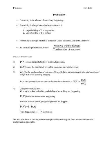 Basic Probability Notes Teaching Resources