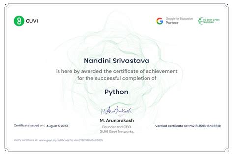Finished My Python Certification With Guvi Nandini Srivastava Posted