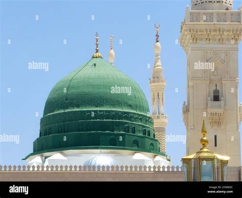 The Minaret And The Green Dome Of The Prophets Mosque Or Al Masjid Al