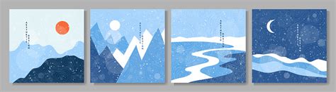 벡터 손으로 그린 그림 추상 플랫 미니멀리스트 디자인 풍경 세트 겨울 추운 눈 덮인 계절 일본 라인 무늬 빈티지 자연 그래픽 낮 밤 장면 맑은 하늘 산 숲 강에 대한 스톡