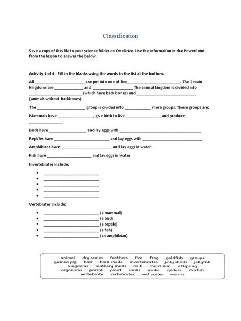 Classification Activity 1 Of 4 Fill In The Blanks Using The Words In Classification Activity 1 Of 4 Fill In The Blanks Using The Words In