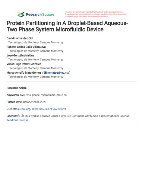 Pdf Protein Partitioning In A Droplet Based Aqueous Two Phase System Microfluidic Device