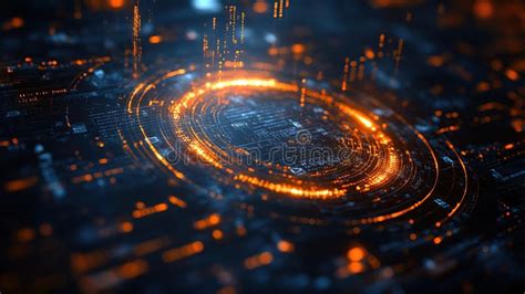 Abstract Digital Circuit Board With Glowing Orange Rings And Data Streams Stock Illustration